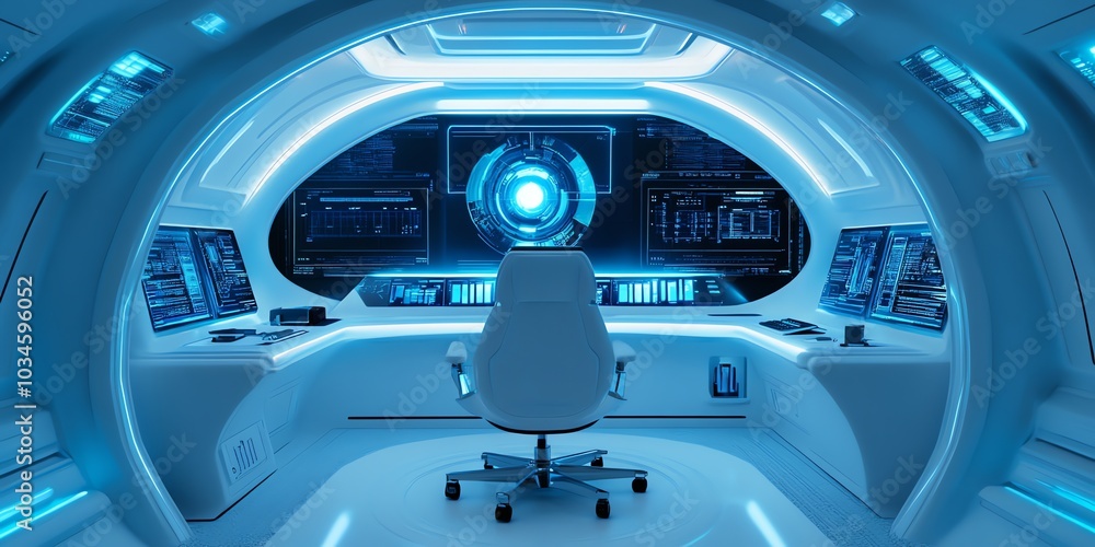 Futuristic spaceship bridge with an ergonomic chair and multiple monitors displaying digital ...