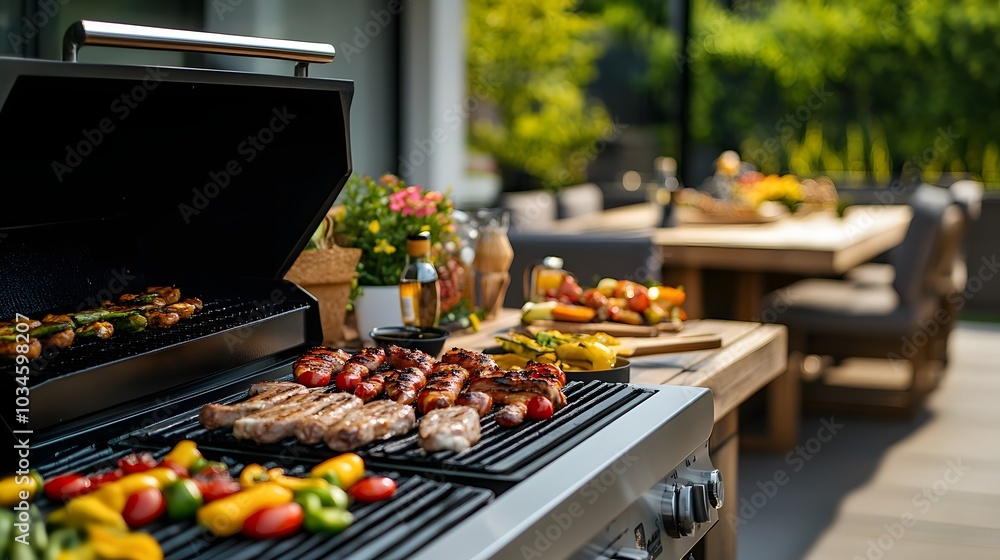 180. A stylish outdoor barbecue setup with food and a space for a ...