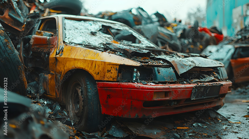 Broken and Discarded Car Parts Including Bumpers and Doors in an ...