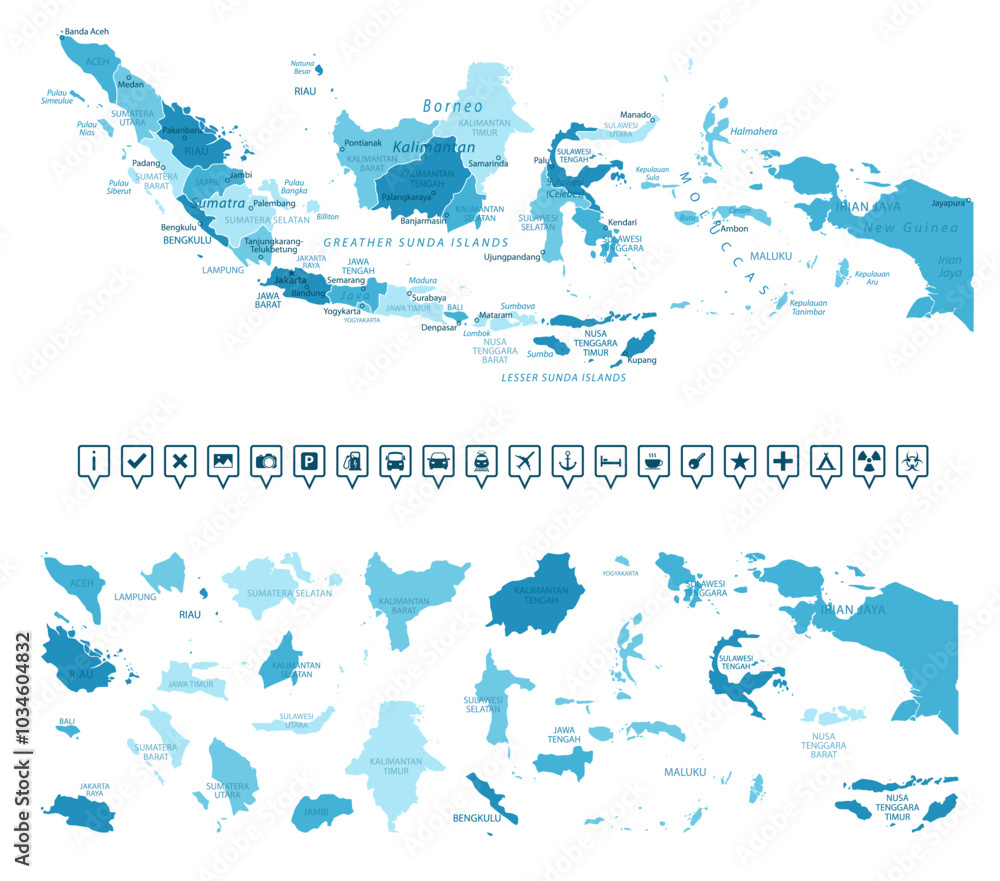 Poster Indonesia - detailed map of the country in blue colors, divided ...