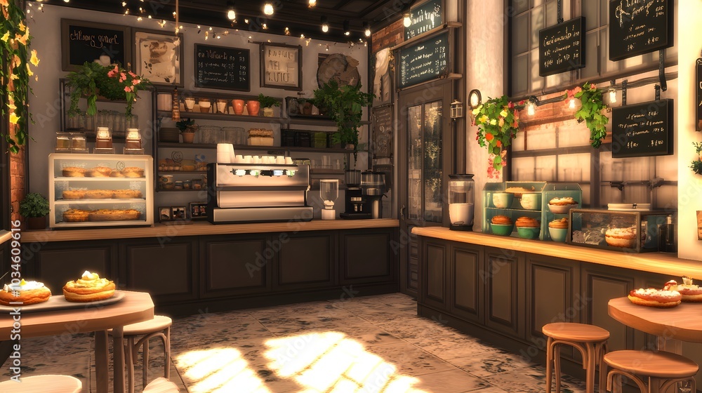 148. A charming coffee shop with pastries and an unoccupied area for a ...