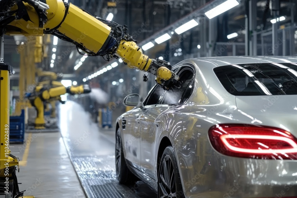 Automated precision: factory scene with robotic arms performing ...