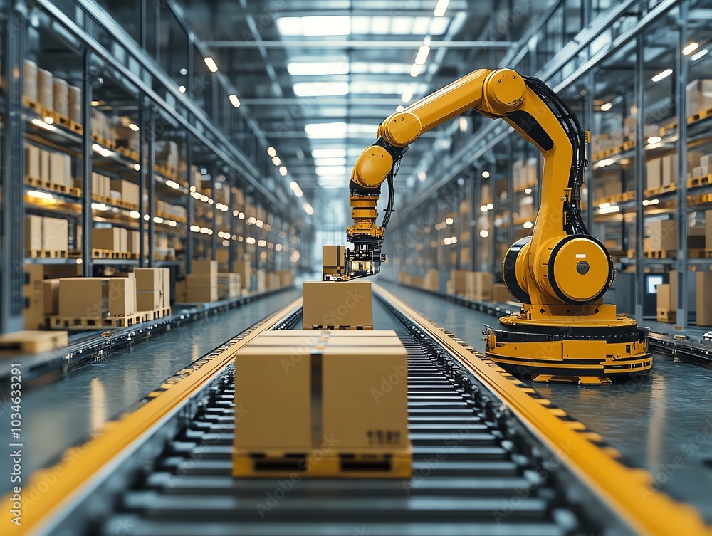 A yellow robotic arm operates in a warehouse, lifting a cardboard box ...