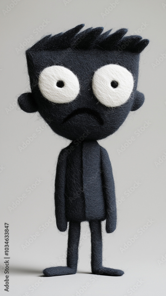 Sad felt boy toy with large white eyes handmade plush character on ...
