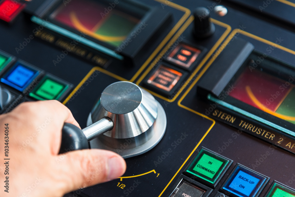 The navigator's hand firmly holds the control lever on the bow thruster ...