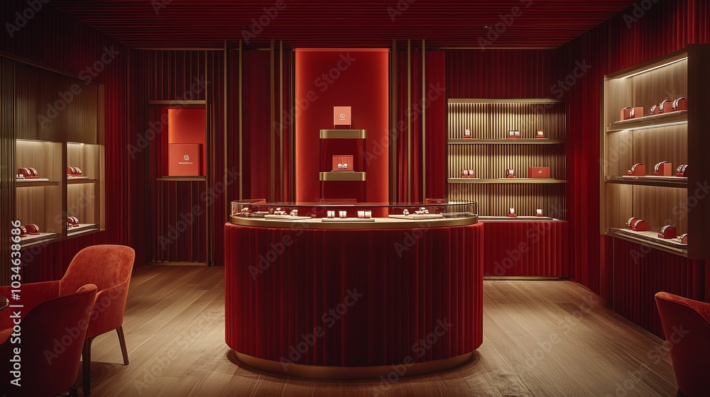 Red and gold luxury retail store interior with display cases, seating ...