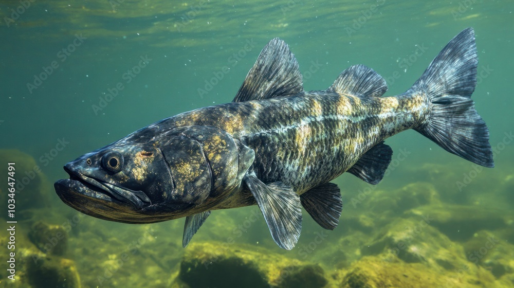 A Coelacanth swimming through a prehistoric ocean, its lobed fins and ...