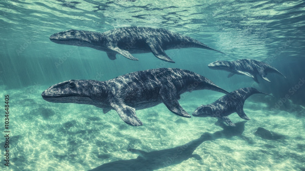 A group of mosasaurs swimming together through the clear waters of a ...