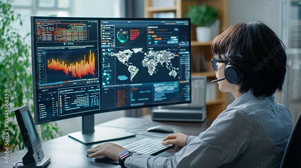 A person analyzes data on multiple screens, displaying graphs, maps ...