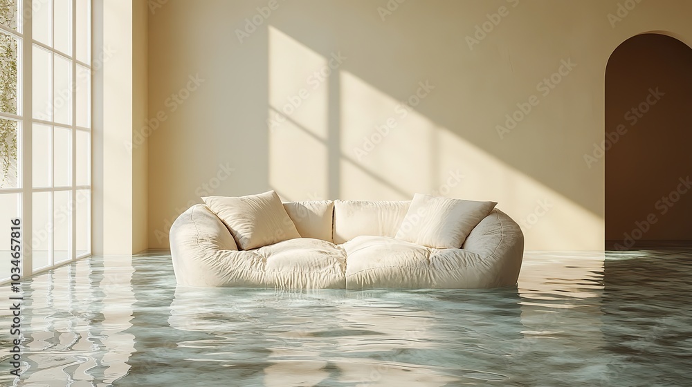 floating couch in an empty room symbolizes severe water damage ...