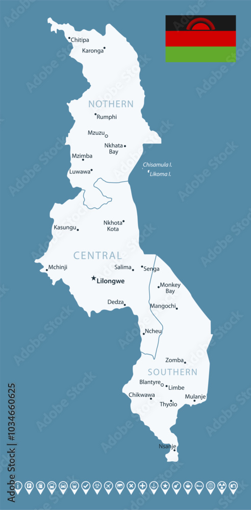 Malawi - detailed country map with cities and regions. Infographic ...