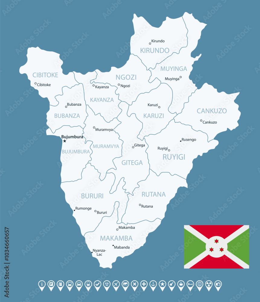 Burundi - detailed country map with cities and regions. Infographic ...