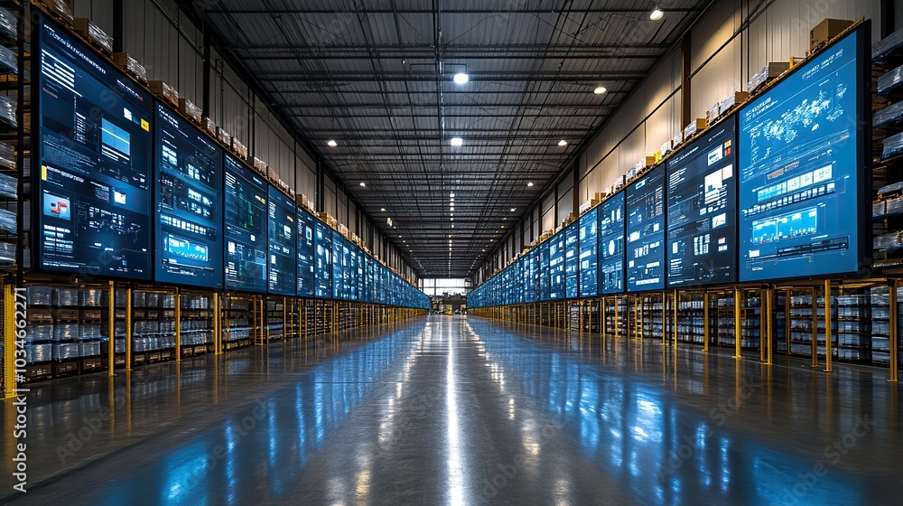 modern warehouse with detailed supply chain map displayed on large ...