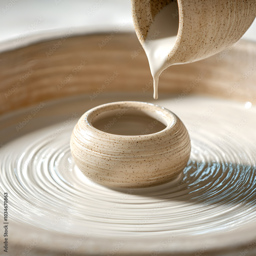 Craftsman pouring clay into a spinning pottery wheel, creating a ...