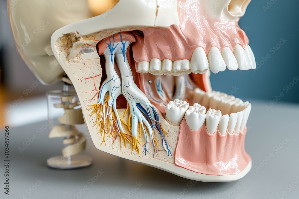 A dissection model showing the interior structure of the mandible, with ...