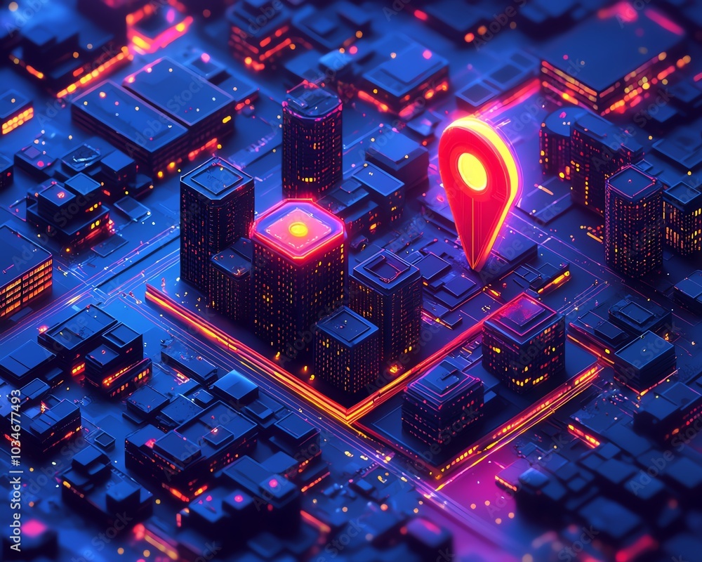 Stylized isometric 3D city block with a highlighted location pin above ...