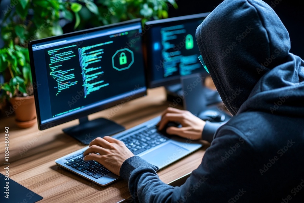 White hat hacking, shown in a futuristic cyber-lab, where holographic ...