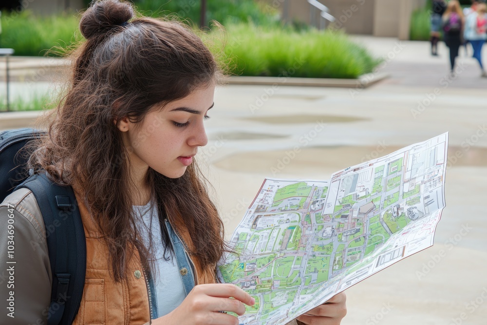 A student reviewing a campus map, planning their route to classes and ...