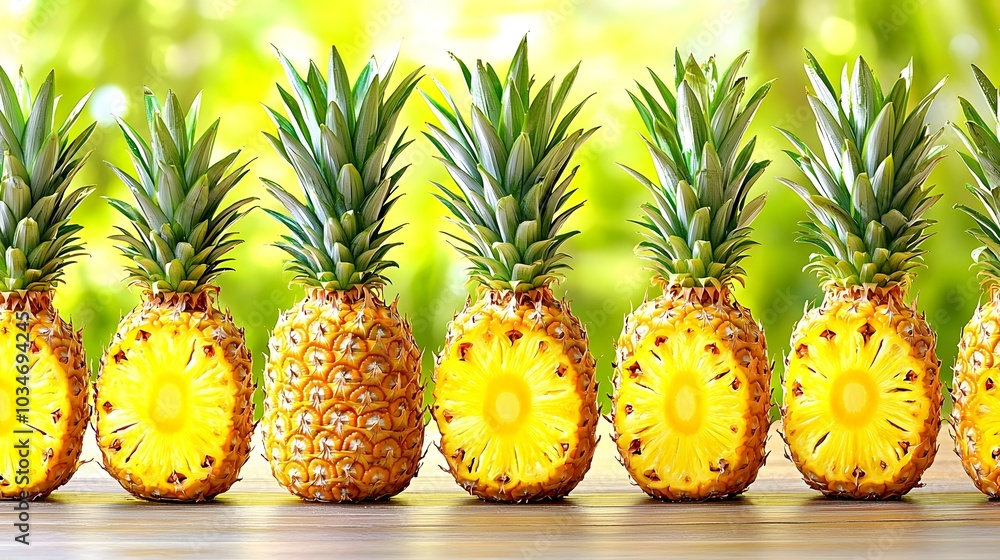 Lush pineapple plantation with rows of fresh green tropical pineapple ...