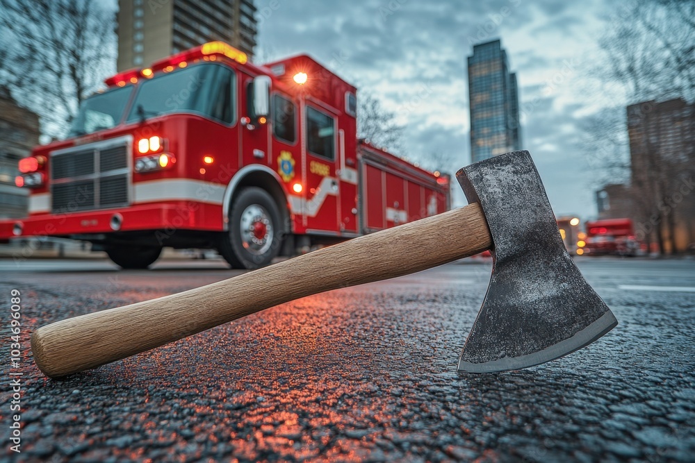 A modern firefighter’s axe, sleek and shiny, leaning against a red fire ...