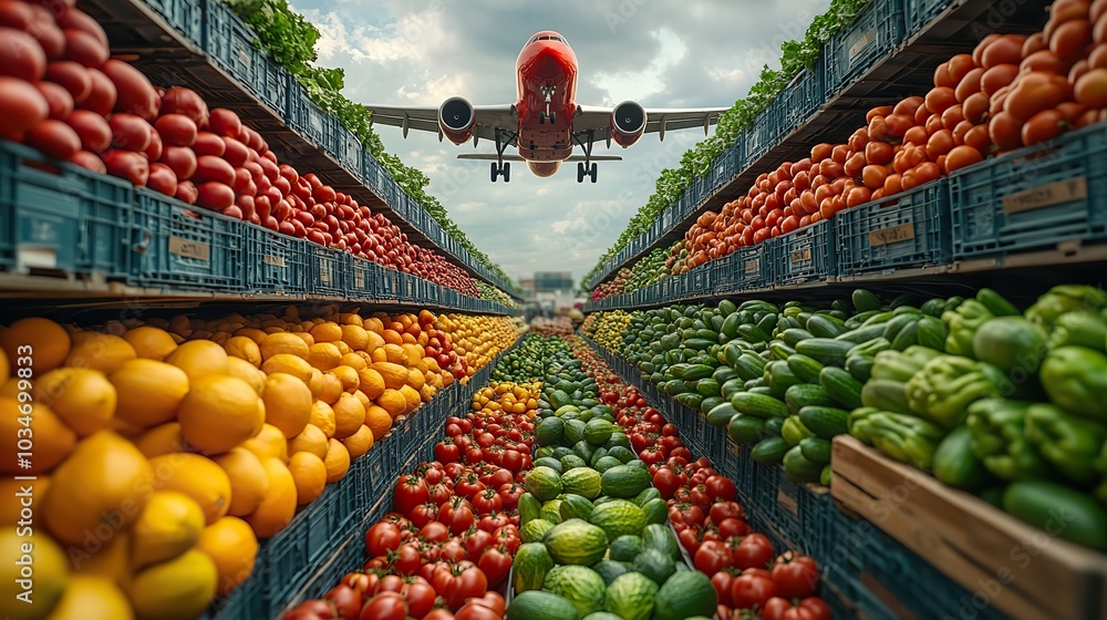 airplane landing over crates of fresh produce symbolizing global food ...