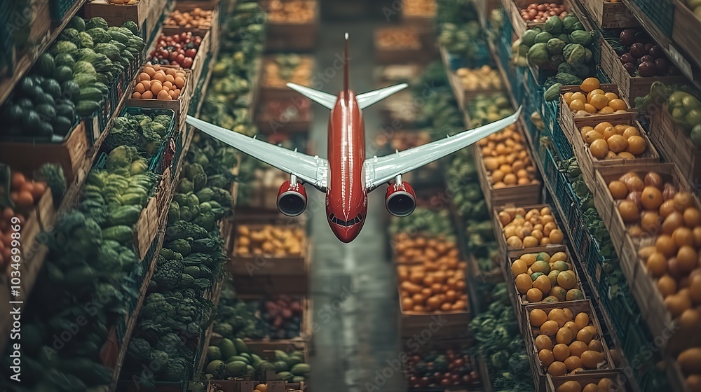 airplane landing over crates of fresh produce symbolizing global food ...