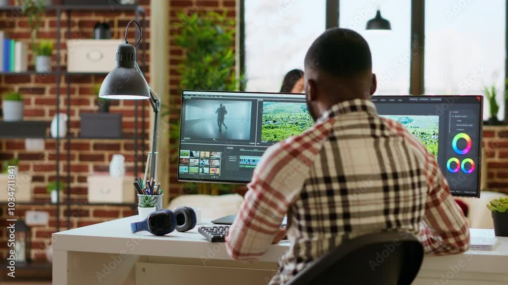 Male video editor works from modern home office in the living room ...