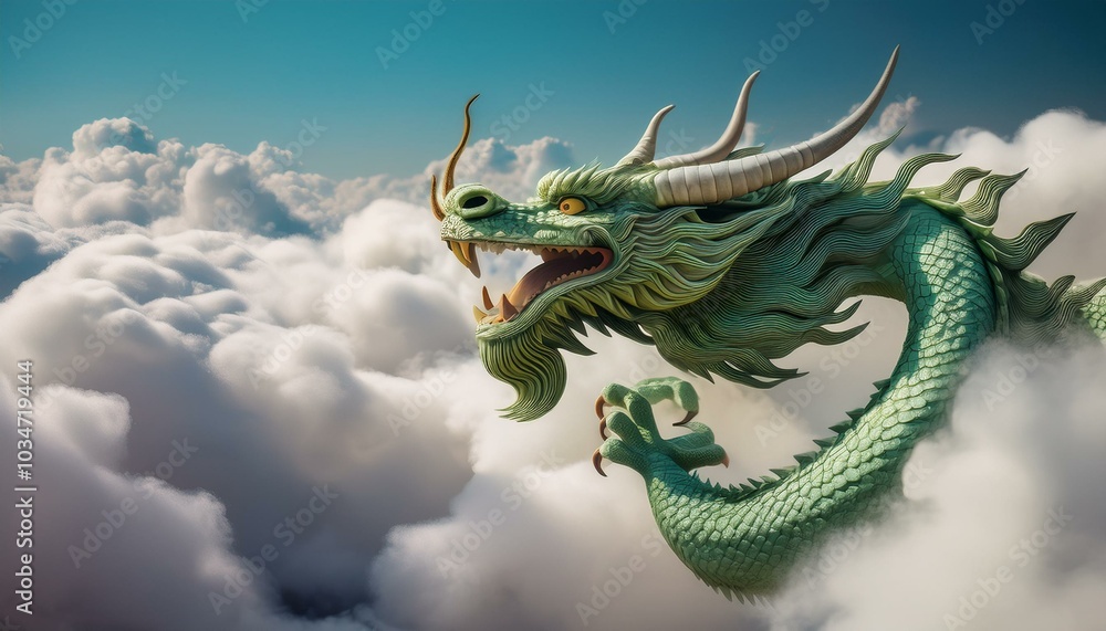Chinese dragon flying high above and in the clouds; a Chinese mythical ...