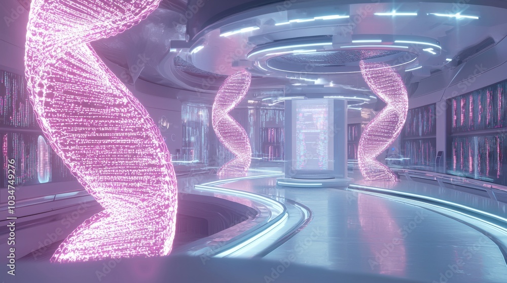Futuristic genomics facility with floating holoscans of DNA sequences ...