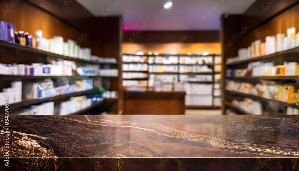 Pharmacy brown marble table counter with medicines healthcare product ...