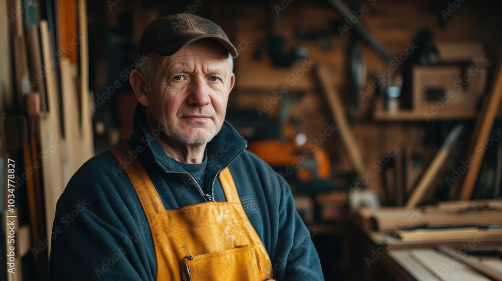 A middle-aged male carpenter stands confidently in his workshop ...