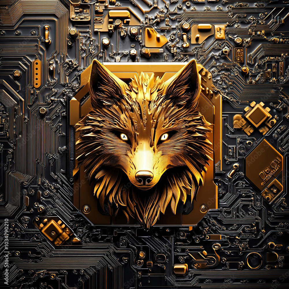 gold fox fusion with a processor microchip, AI generation text in the ...