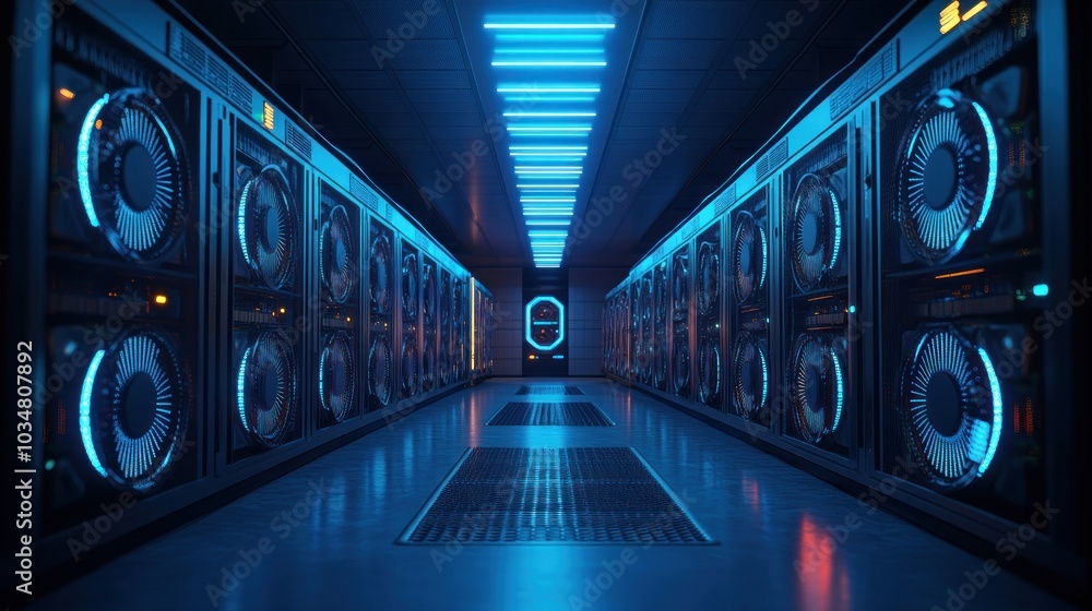A Bitcoin mining farm with rows of GPU rigs under blue fluorescent ...