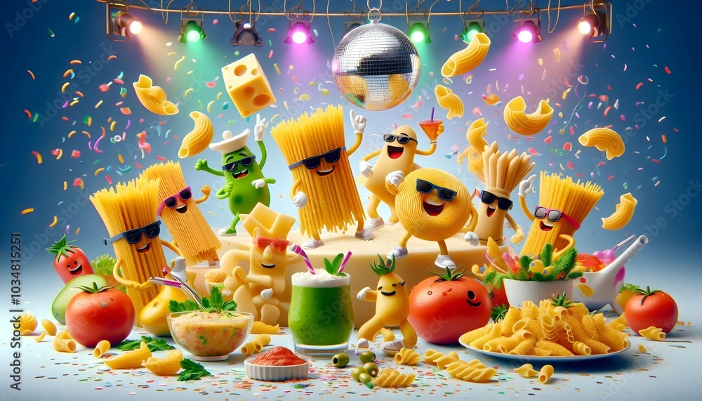 cartoon pasta party where different types of pasta dance, celebrate ...