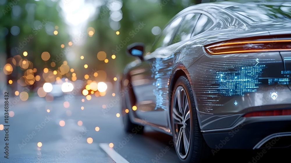 Stunning 3D of a futuristic high tech car with a glowing digital GPS ...