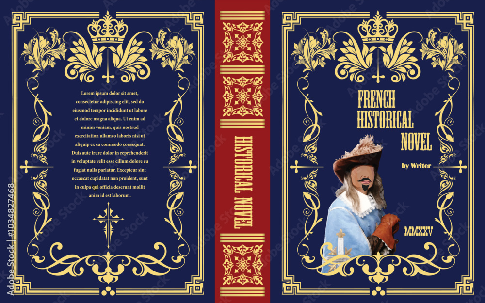 145-42-Book cover design featuring a musketeer posing with hand on hip ...