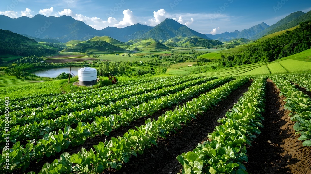 Vibrant countryside landscape featuring rows of thriving crops ...