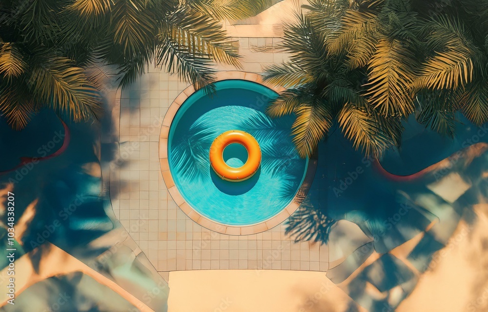 Overhead view of a small, circular pool with a yellow inflatable ring ...