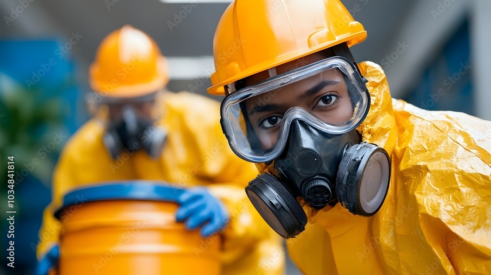 Workers in an industrial zone carefully handling sealed containers of ...