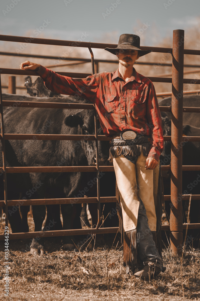 vintage portrait of Western cowboy dressed in hat, red shirt, belt ...