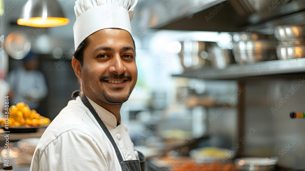 Smiling Indian male chef with a white apron and a toque in a restaurant ...