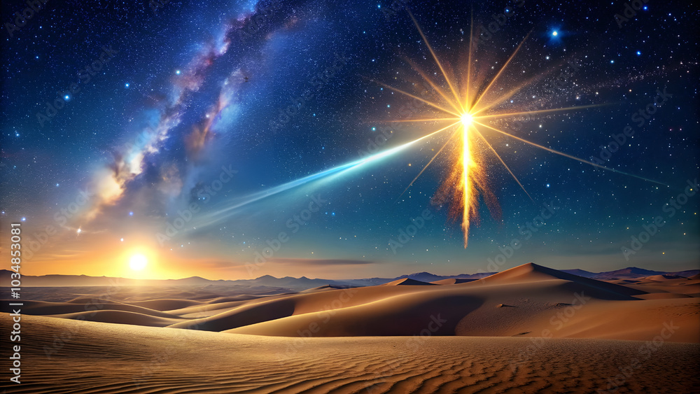 Shooting Star Over Desert with Glittering Stardust. Perfect for: New ...
