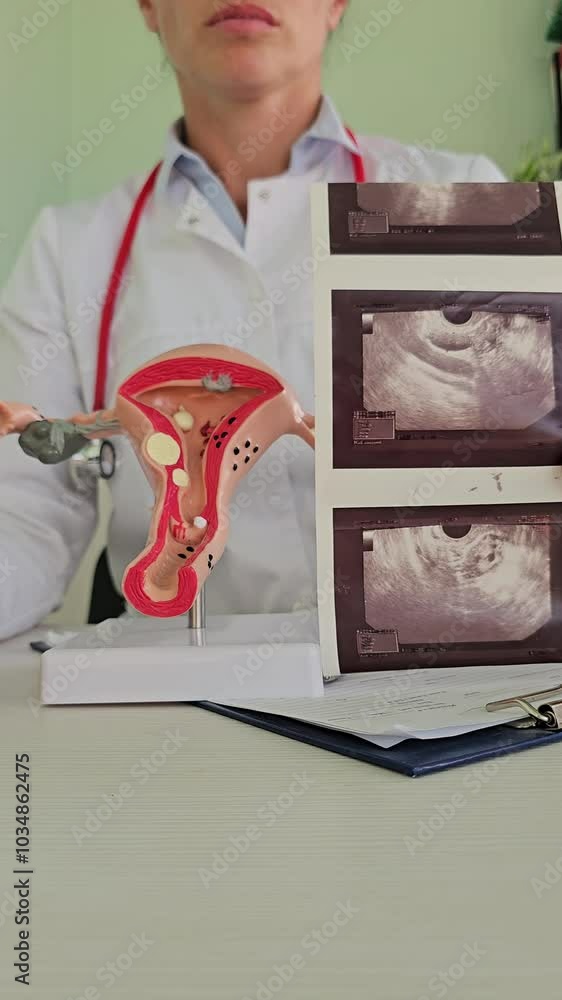 Gynecologist consults woman with ultrasound scan of uterus. Uterine ...