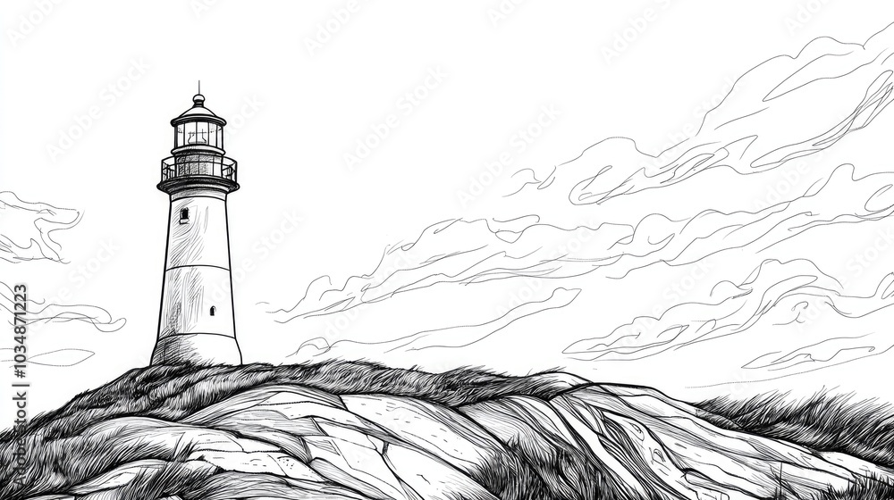 Line art illustration of a pen sketch depicting a lighthouse on a hill ...