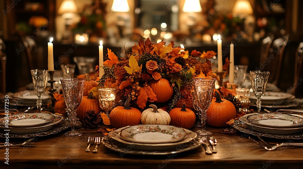 Thanksgiving table arrangement with a centerpiece of pumpkins and fall ...