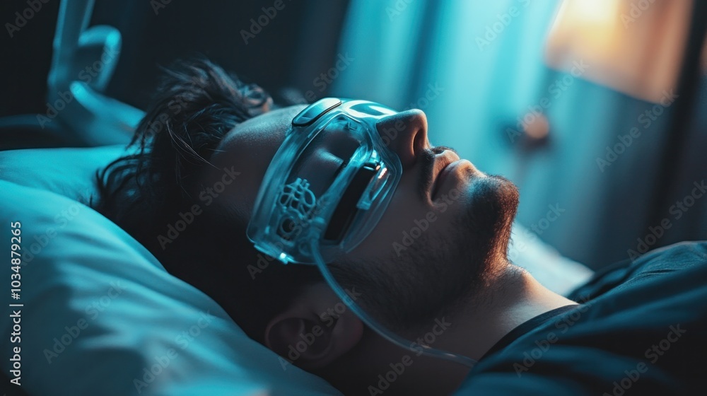 Sleep apnea treatment with a CPAP machine, showing a person using the ...