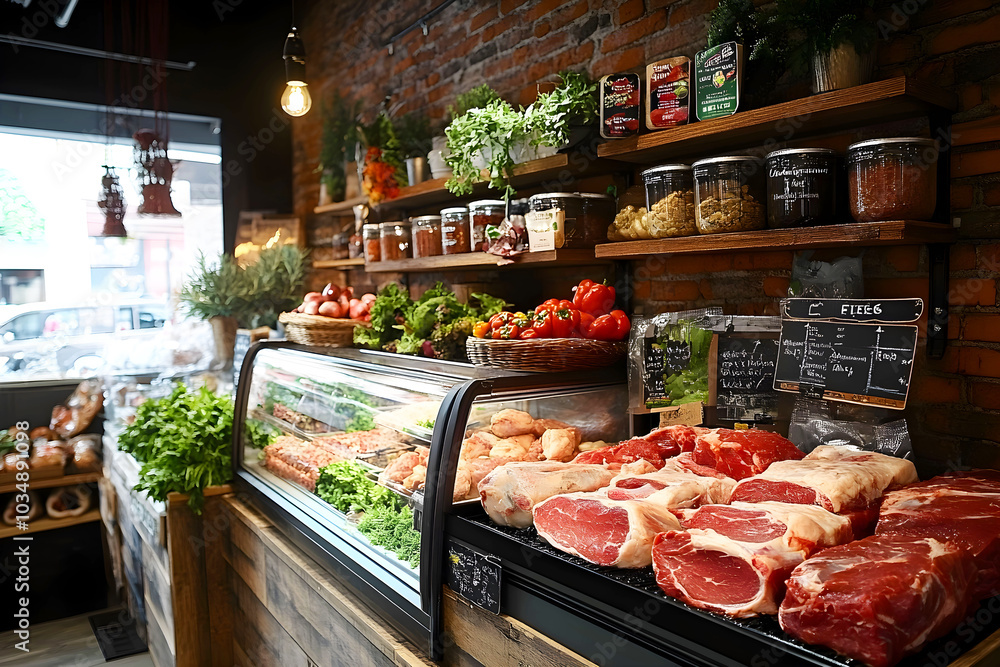 Butcher shop, Fresh Meat Freezer in a store on a brick background ...