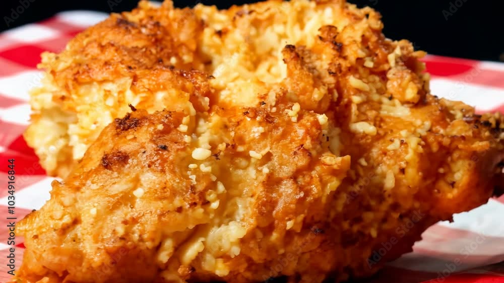 360-degree video of golden, crispy fried chicken with visible seasoning ...