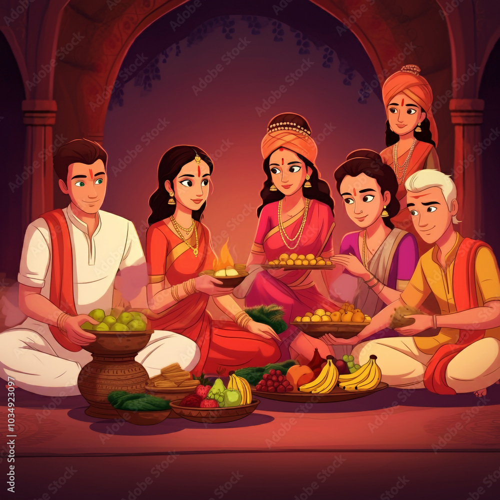 Animated depiction of a family gathered together, participating in a ...