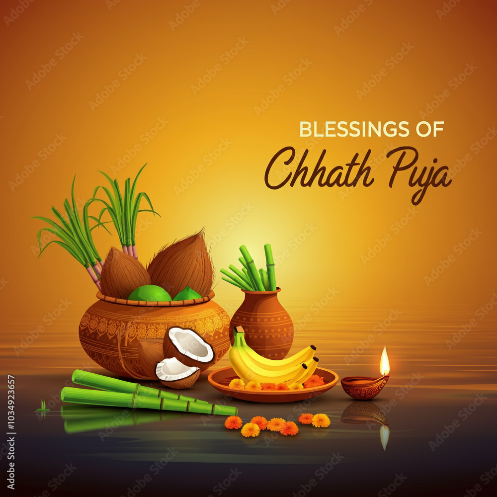 Arrangement of traditional Chhath Puja items like fruits, coconut, and ...